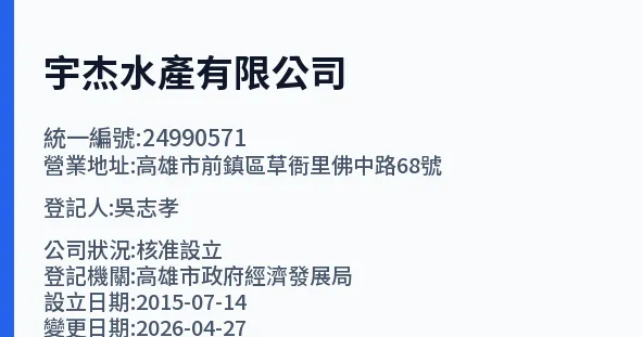 宇杰水產有限公司的照片-統編 24990571(高雄市) 公司登記資料與營業項目詳細圖表