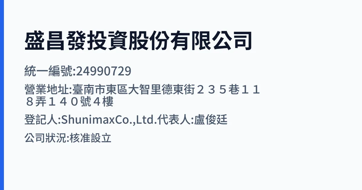 盛昌發投資股份有限公司 - 統編 24990729(臺南市) 公司登記資料與營業項目詳細圖表