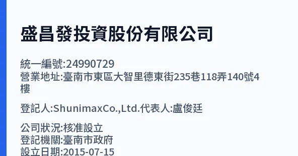 盛昌發投資股份有限公司的照片-統編 24990729(臺南市) 公司登記資料與營業項目詳細圖表