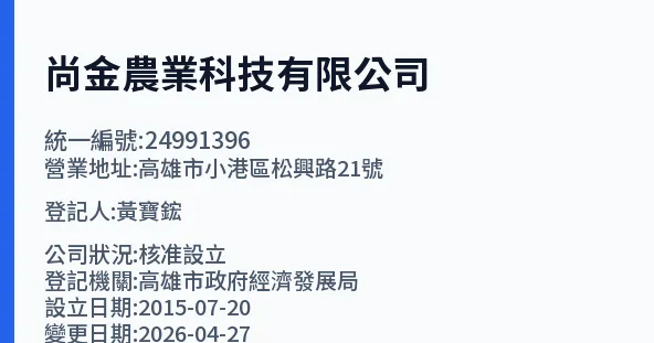 尚金農業科技有限公司的照片-統編 24991396(高雄市) 公司登記資料與營業項目詳細圖表