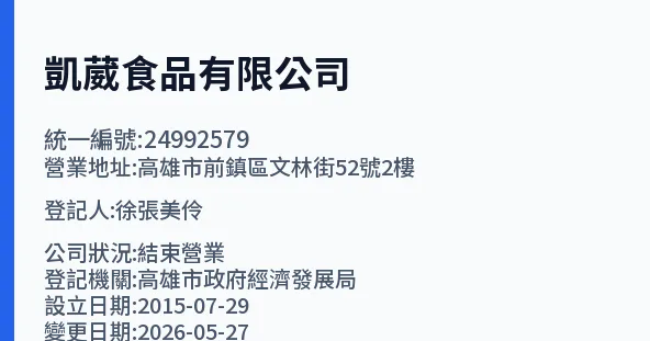 凱葳食品有限公司的照片-統編 24992579(高雄市) 公司登記資料與營業項目詳細圖表