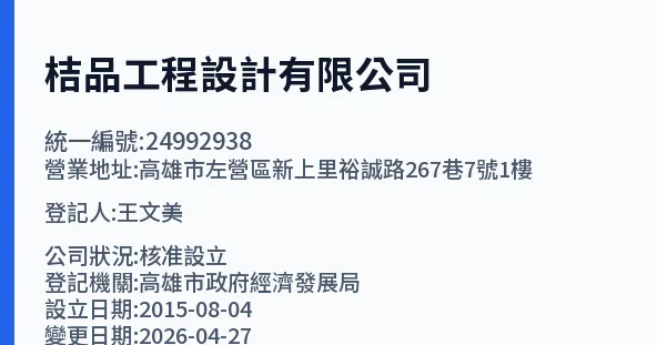 桔品工程設計有限公司的照片-統編 24992938(高雄市) 公司登記資料與營業項目詳細圖表