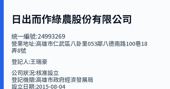日出而作綠農股份有限公司的照片-統編 24993269(高雄市) 公司登記資料與營業項目詳細圖表