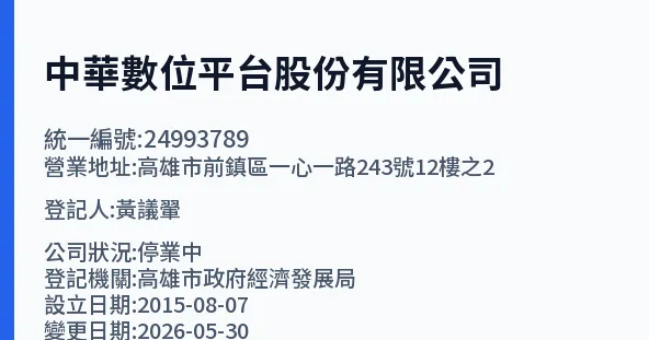 中華數位平台股份有限公司的照片-統編 24993789(高雄市) 公司登記資料與營業項目詳細圖表