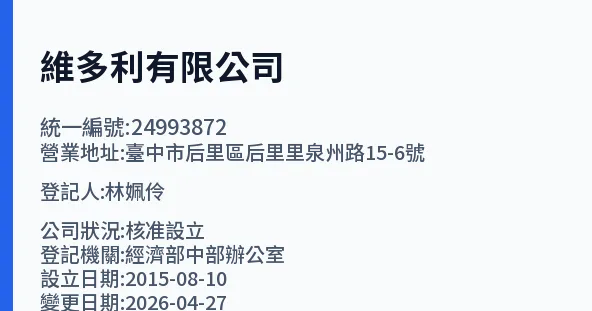 維多利有限公司的照片-統編 24993872(臺中市) 公司登記資料與營業項目詳細圖表