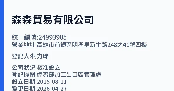 森森貿易有限公司的照片-統編 24993985(高雄市) 公司登記資料與營業項目詳細圖表