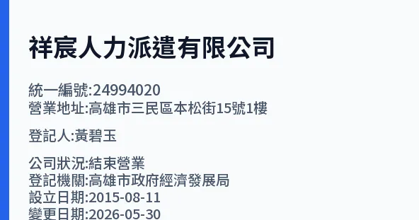 祥宸人力派遣有限公司的照片-統編 24994020(高雄市) 公司登記資料與營業項目詳細圖表