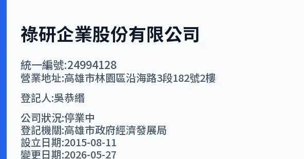 祿研企業股份有限公司的照片-統編 24994128(高雄市) 公司登記資料與營業項目詳細圖表
