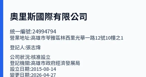 奧里斯國際有限公司的照片-統編 24994794(高雄市) 公司登記資料與營業項目詳細圖表