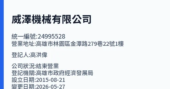威澤機械有限公司的照片-統編 24995528(高雄市) 公司登記資料與營業項目詳細圖表