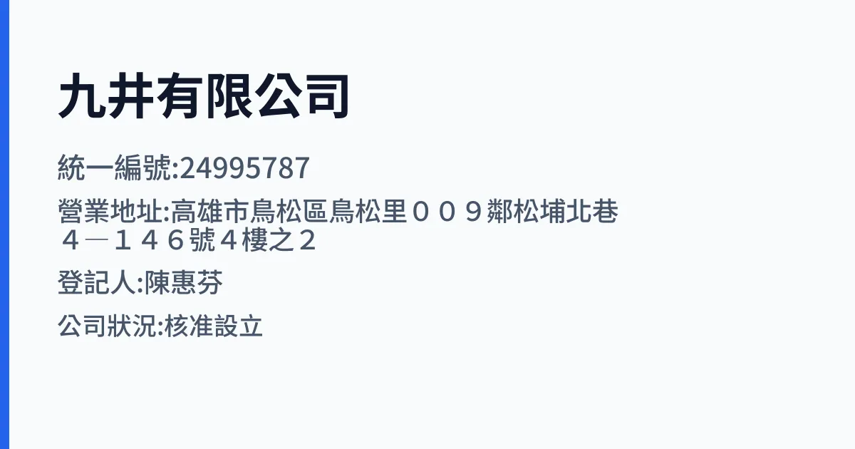 九井有限公司 - 統編 24995787(高雄市) 公司登記資料與營業項目詳細圖表