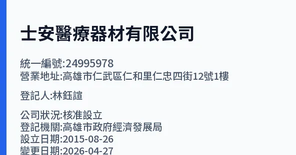 士安醫療器材有限公司的照片-統編 24995978(高雄市) 公司登記資料與營業項目詳細圖表