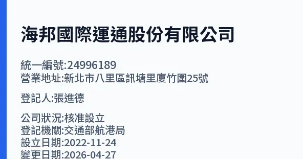 海邦國際運通股份有限公司的照片-統編 24996189(新北市) 公司登記資料與營業項目詳細圖表