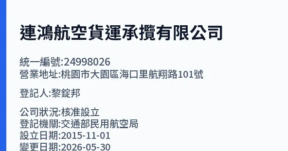連鴻航空貨運承攬有限公司的照片-統編 24998026(桃園市) 公司登記資料與營業項目詳細圖表