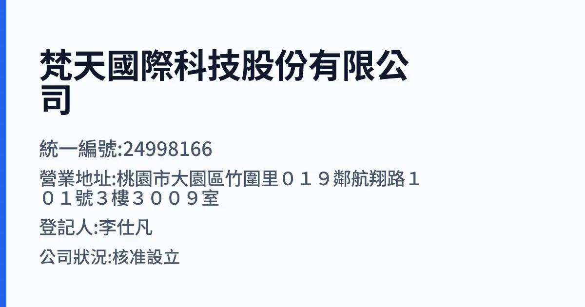 梵天國際科技股份有限公司 - 統編 24998166(桃園市) 公司登記資料與營業項目詳細圖表