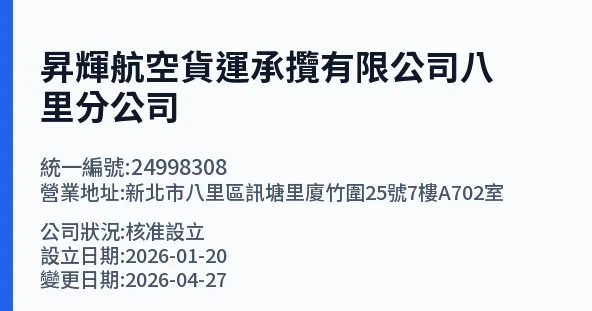 昇輝航空貨運承攬有限公司八里分公司的照片-統編 24998308(新北市) 公司登記資料與營業項目詳細圖表