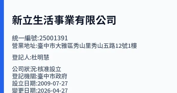 新立生活事業有限公司的照片-統編 25001391(臺中市) 公司登記資料與營業項目詳細圖表