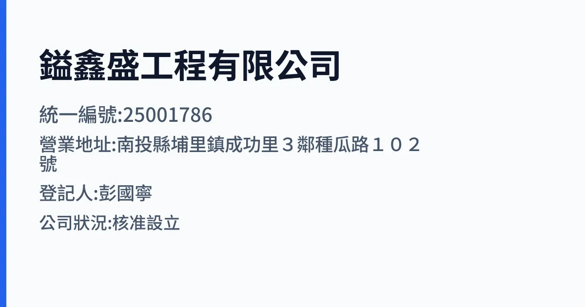 鎰鑫盛工程有限公司 - 統編 25001786(南投縣) 公司登記資料與營業項目詳細圖表