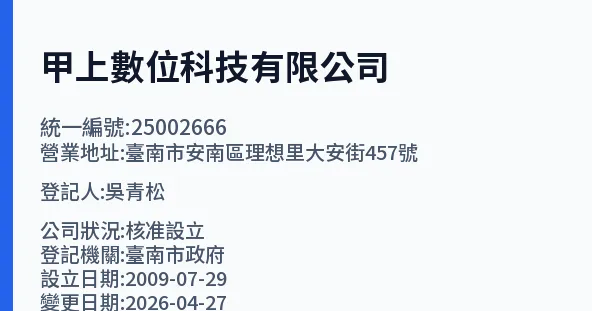 甲上數位科技有限公司的照片-統編 25002666(臺南市) 公司登記資料與營業項目詳細圖表
