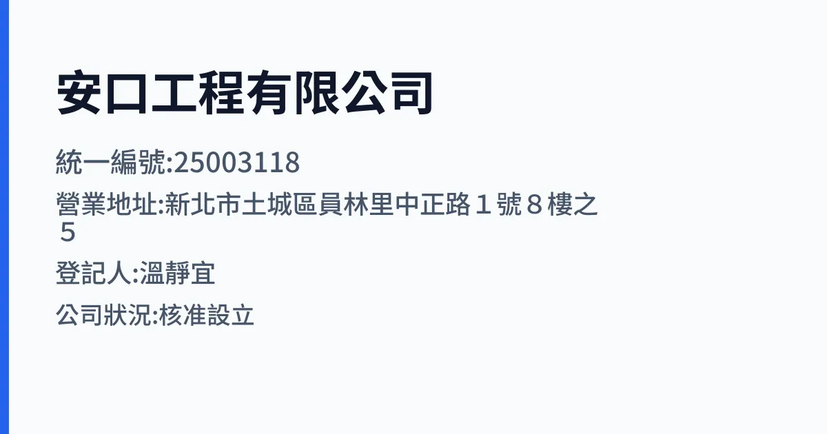 安口工程有限公司 - 統編 25003118(新北市) 公司登記資料與營業項目詳細圖表