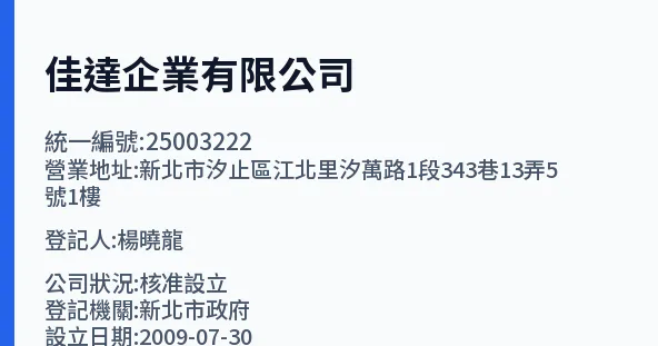 佳達企業有限公司的照片-統編 25003222(新北市) 公司登記資料與營業項目詳細圖表