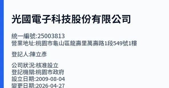 光國電子科技股份有限公司的照片-統編 25003813(桃園市) 公司登記資料與營業項目詳細圖表