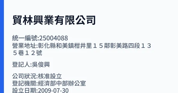 貿林興業有限公司的照片-統編 25004088(彰化縣) 公司登記資料與營業項目詳細圖表