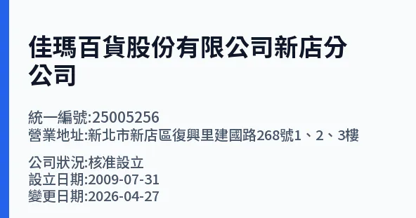 佳瑪百貨股份有限公司新店分公司的照片-統編 25005256(新北市) 公司登記資料與營業項目詳細圖表