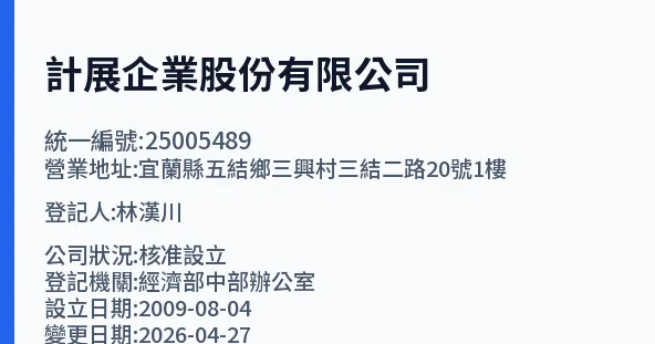 計展企業股份有限公司的照片-統編 25005489(宜蘭縣) 公司登記資料與營業項目詳細圖表