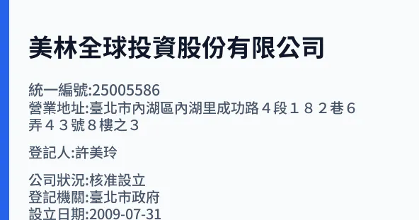 美林全球投資股份有限公司的照片-統編 25005586(臺北市) 公司登記資料與營業項目詳細圖表
