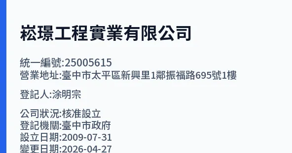 崧璟工程實業有限公司的照片-統編 25005615(臺中市) 公司登記資料與營業項目詳細圖表