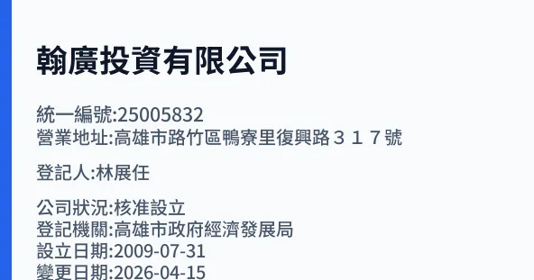 翰廣投資有限公司的照片-統編 25005832(高雄市) 公司登記資料與營業項目詳細圖表