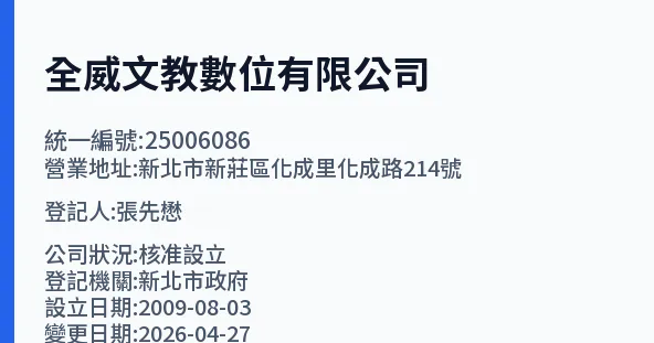 全威文教數位有限公司的照片-統編 25006086(新北市) 公司登記資料與營業項目詳細圖表