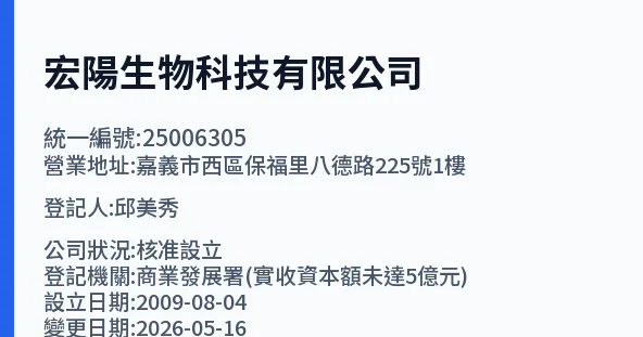 宏陽生物科技有限公司的照片-統編 25006305(嘉義市) 公司登記資料與營業項目詳細圖表