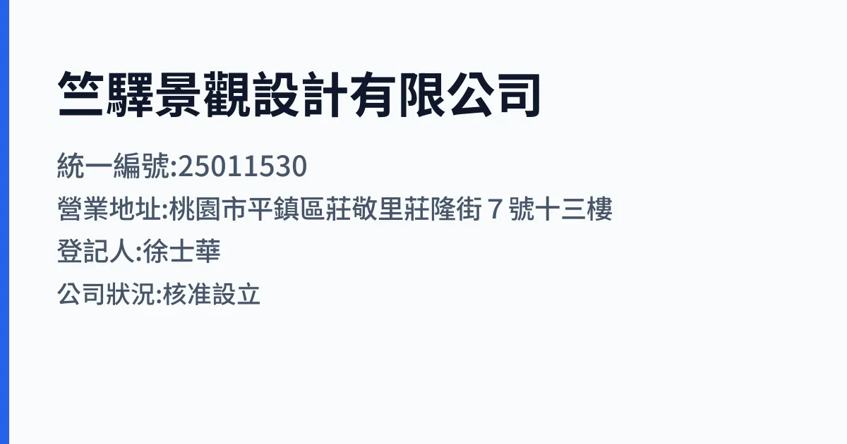 竺驛景觀設計有限公司 - 統編 25011530(桃園市) 公司登記資料與營業項目詳細圖表