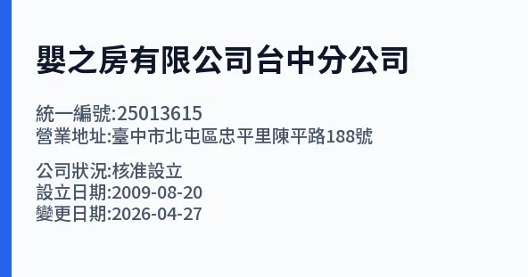 嬰之房有限公司台中分公司的照片-統編 25013615(臺中市) 公司登記資料與營業項目詳細圖表