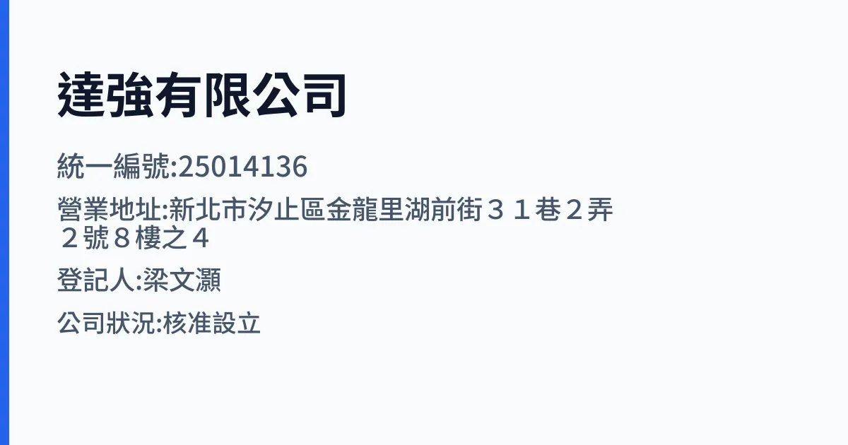 達強有限公司 - 統編 25014136(新北市) 公司登記資料與營業項目詳細圖表