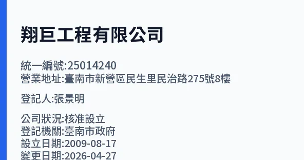 翔巨工程有限公司的照片-統編 25014240(臺南市) 公司登記資料與營業項目詳細圖表