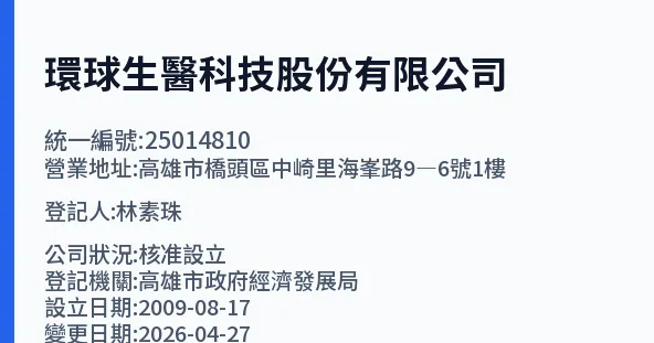 環球生醫科技股份有限公司的照片-統編 25014810(高雄市) 公司登記資料與營業項目詳細圖表