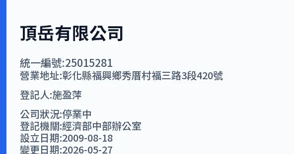 頂岳有限公司的照片-統編 25015281(彰化縣) 公司登記資料與營業項目詳細圖表
