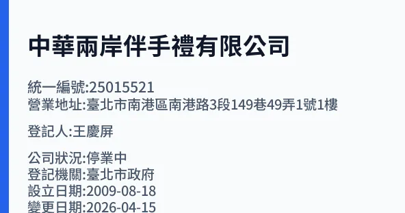 中華兩岸伴手禮有限公司的照片-統編 25015521(臺北市) 公司登記資料與營業項目詳細圖表