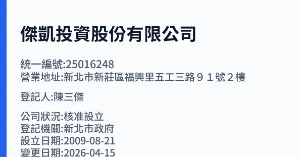 傑凱投資股份有限公司的照片-統編 25016248(新北市) 公司登記資料與營業項目詳細圖表