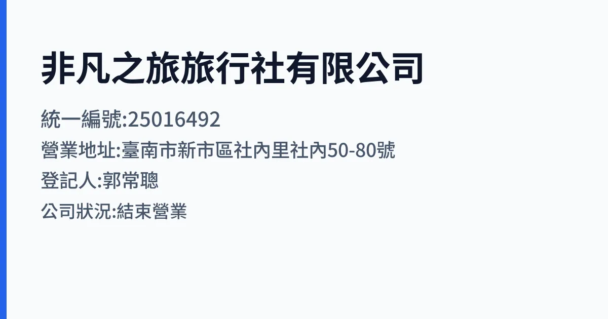 非凡之旅旅行社有限公司 - 統編 25016492(臺南市) 公司登記資料與營業項目詳細圖表