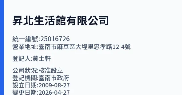 昇北生活館有限公司的照片-統編 25016726(臺南市) 公司登記資料與營業項目詳細圖表