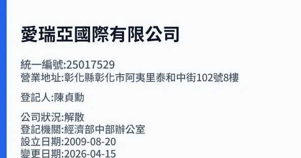 愛瑞亞國際有限公司的照片-統編 25017529(彰化縣) 公司登記資料與營業項目詳細圖表