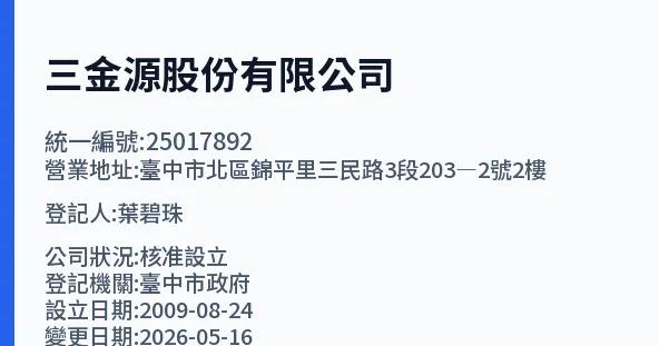 三金源股份有限公司的照片-統編 25017892(臺中市) 公司登記資料與營業項目詳細圖表