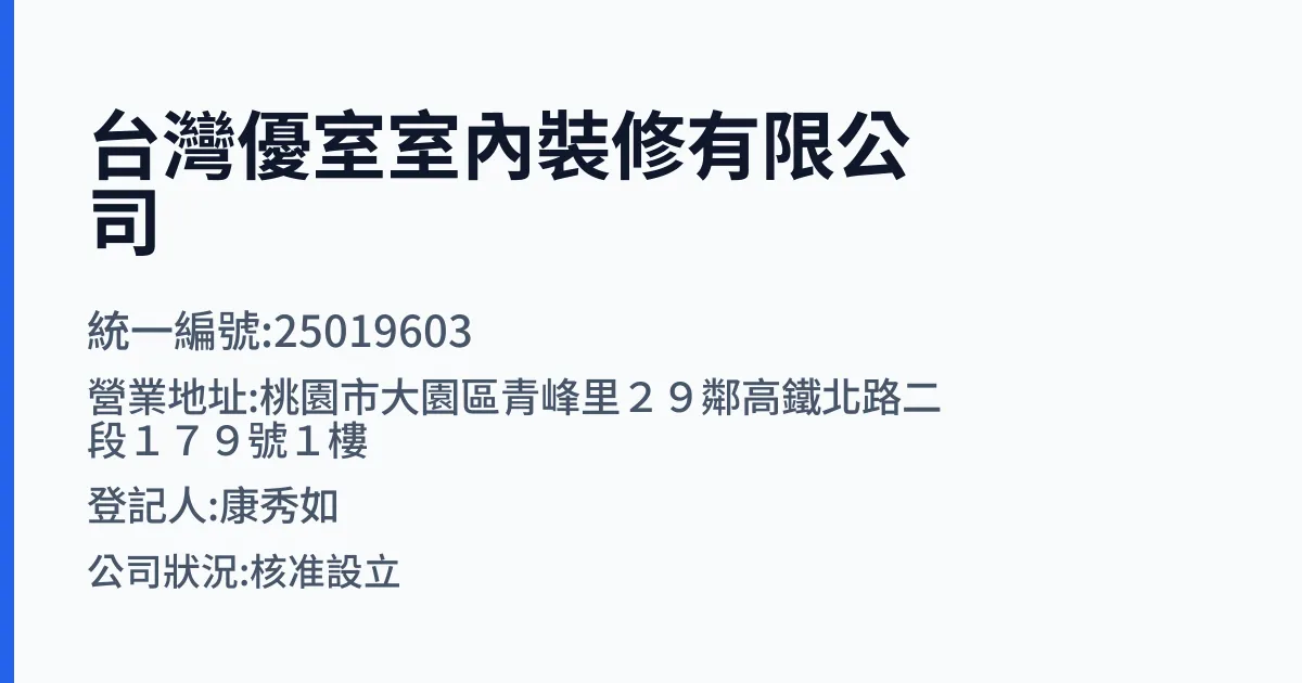 台灣優室室內裝修有限公司 - 統編 25019603(桃園市) 公司登記資料與營業項目詳細圖表