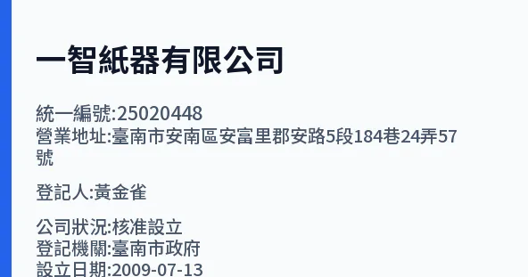 一智紙器有限公司的照片-統編 25020448(臺南市) 公司登記資料與營業項目詳細圖表