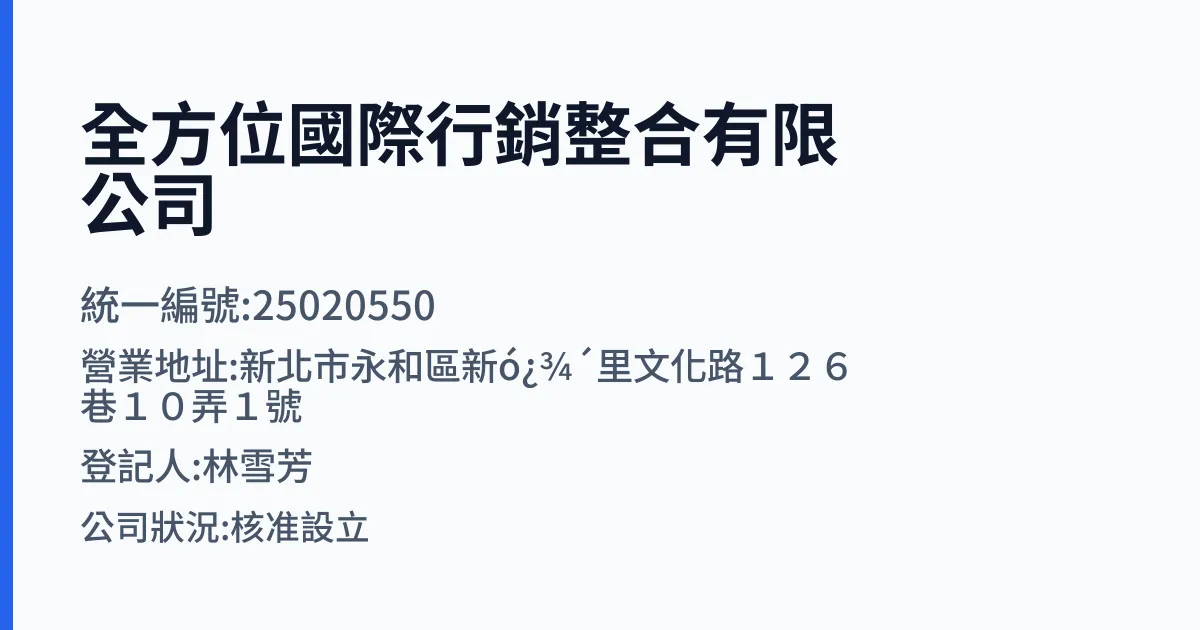 全方位國際行銷整合有限公司 - 統編 25020550(新北市) 公司登記資料與營業項目詳細圖表