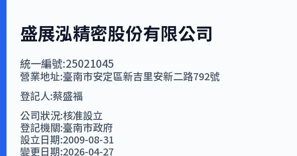 盛展泓精密股份有限公司的照片-統編 25021045(臺南市) 公司登記資料與營業項目詳細圖表